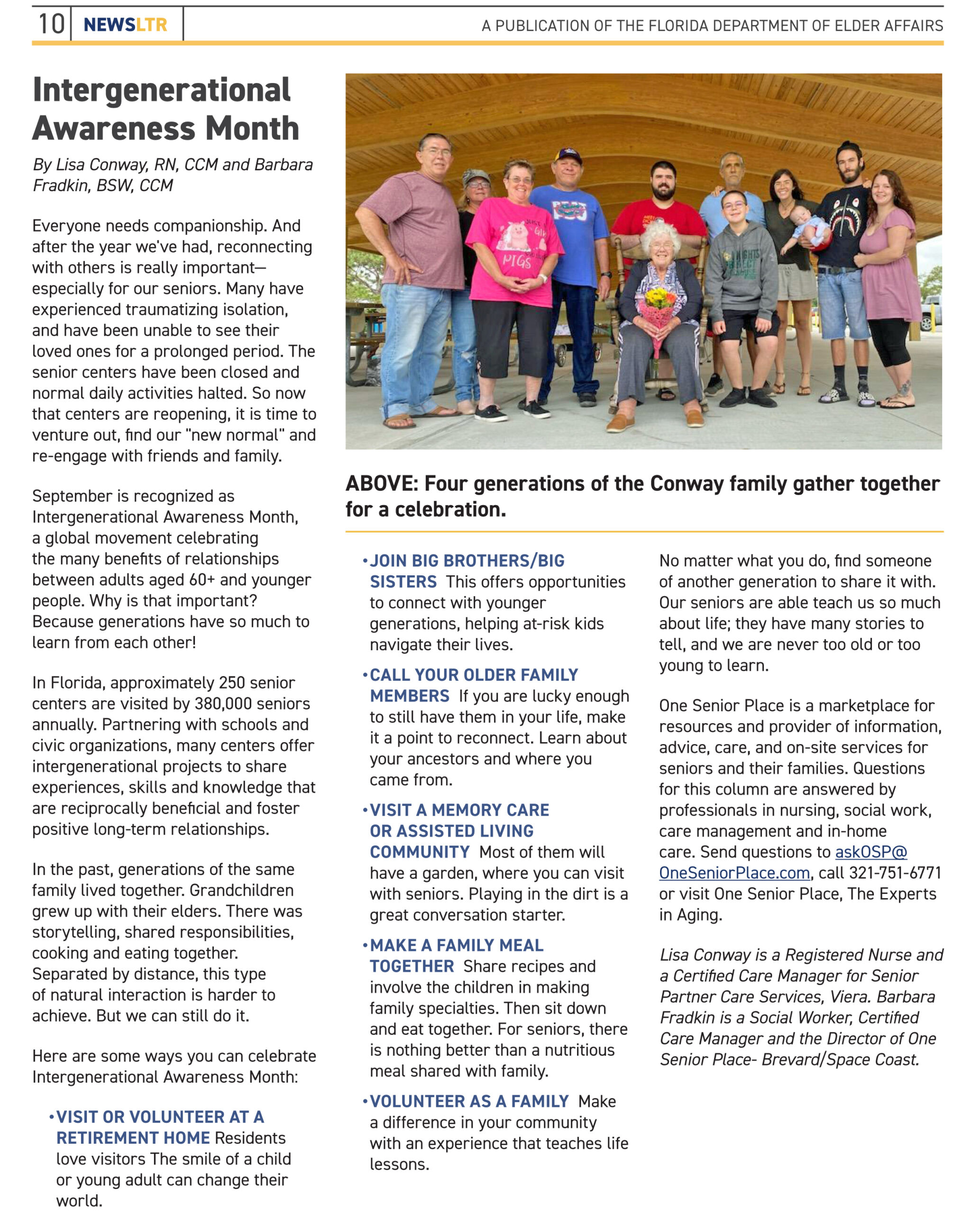 Intergenerational Awareness Month - One Senior Place