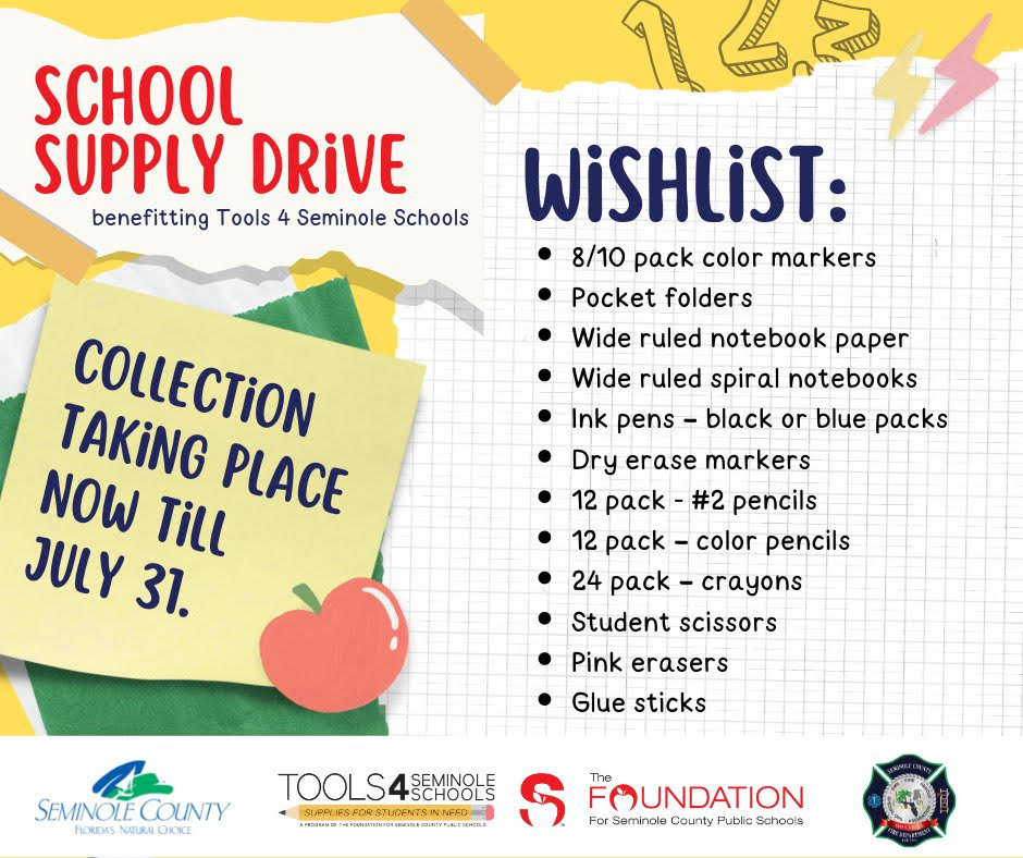 School Supply Drive Through July 29 - One Senior Place