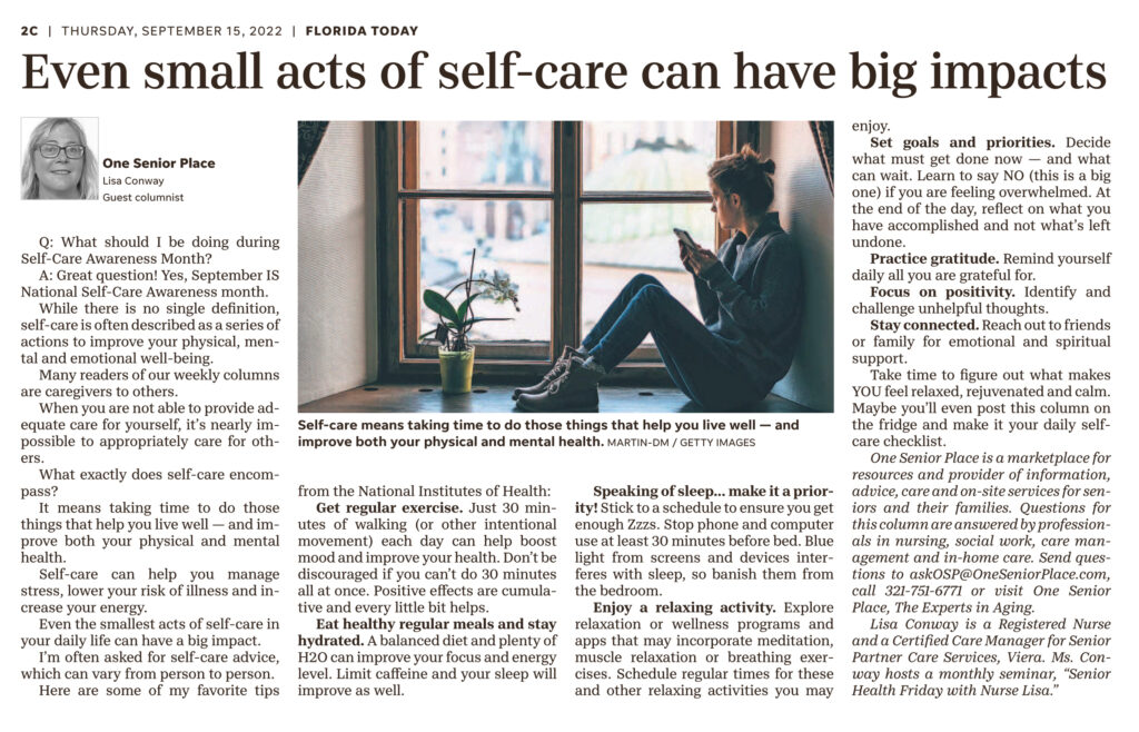 Ask One Senior Place: What should I be doing during Self-Care Awareness Month? - One Senior Place