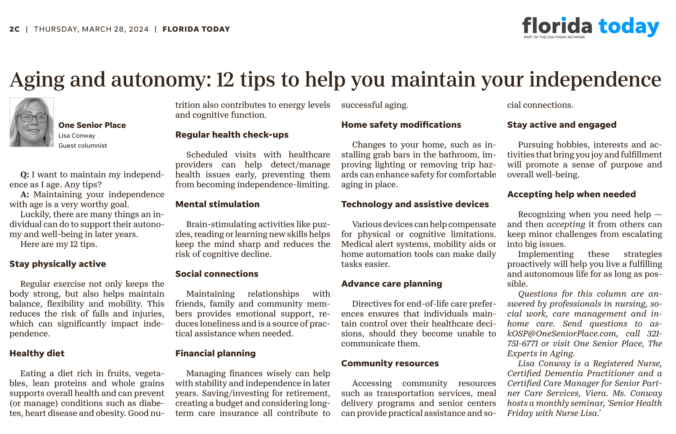 Ask One Senior Place: I want to maintain my independence as I age. Any tips? - One Senior Place