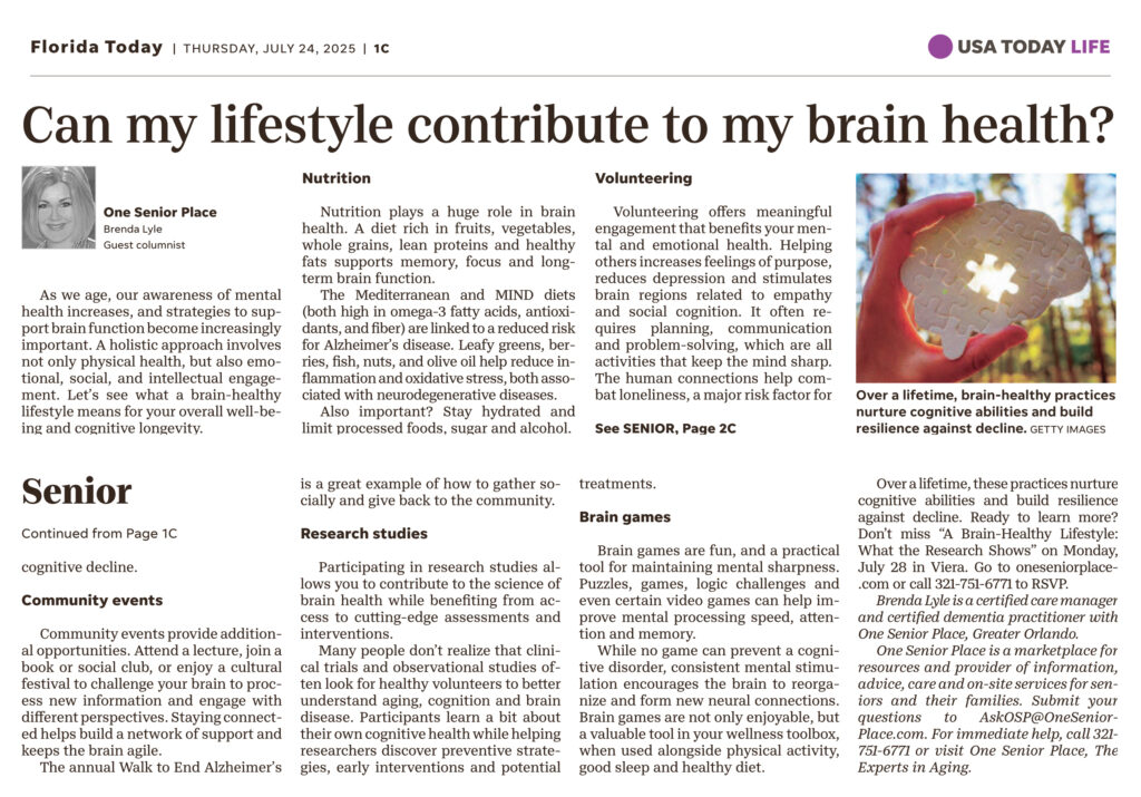Ask One Senior Place: Can my lifestyle contribute to my brain health? - One Senior Place